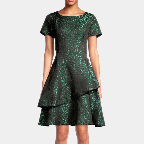 Shani | Dresses | New Shani Tiered Green And Black Metallic Jacquard ...